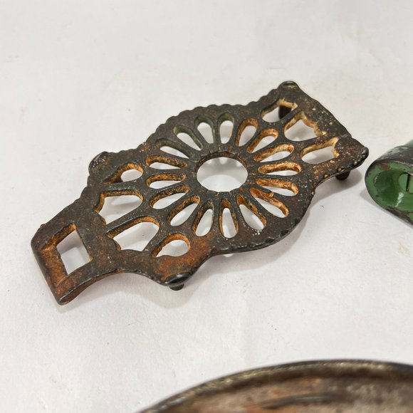 Accents | Antique Flat Sad Iron Resting Stand Trivet Green Wood Handle ...